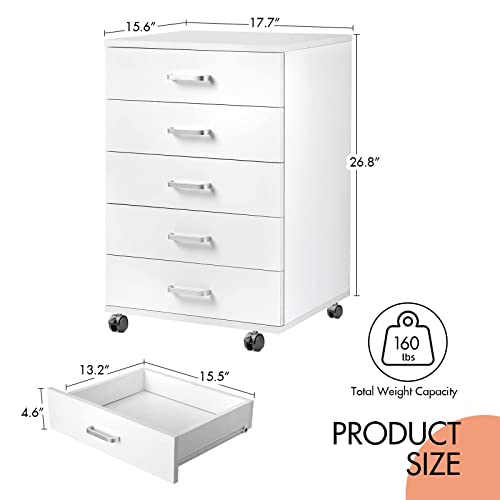 TUSY 5-Drawer Chest, Storage Dresser Cabinet with Wheels, White