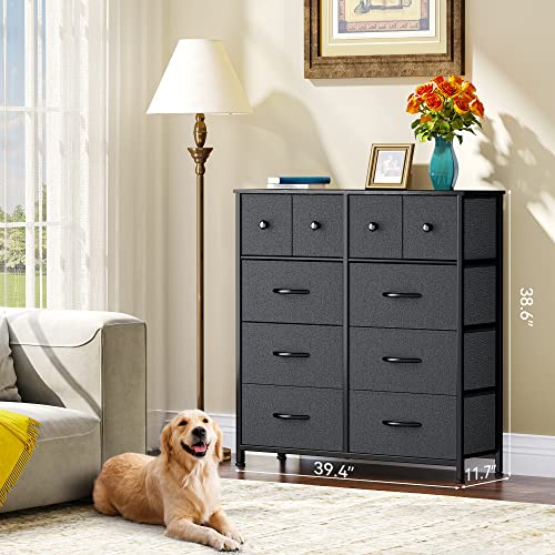 YITAHOME 10 Drawers Fabric Dresser, Dresser for Bedroom, Nursery, Closets, Tall Chest Organizer Unit with Sturdy Steel Frame, Wooden Top, Black Ash