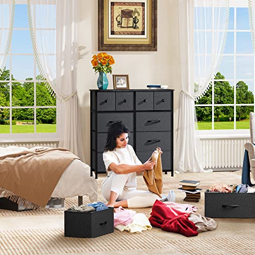 YITAHOME 10 Drawers Fabric Dresser, Dresser for Bedroom, Nursery, Closets, Tall Chest Organizer Unit with Sturdy Steel Frame, Wooden Top, Black Ash