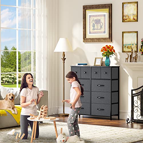 YITAHOME 10 Drawers Fabric Dresser, Dresser for Bedroom, Nursery, Closets, Tall Chest Organizer Unit with Sturdy Steel Frame, Wooden Top, Black Ash