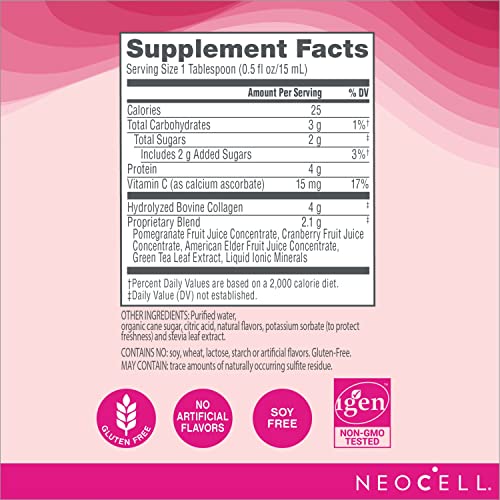 NeoCell Collagen Peptides + Vitamin C Liquid, 4g Collagen Per Serving, Gluten Free, Types 1 & 3, Promotes Healthy Skin, Hair, Nails & Joint Support, Pomegranate, 16 Oz