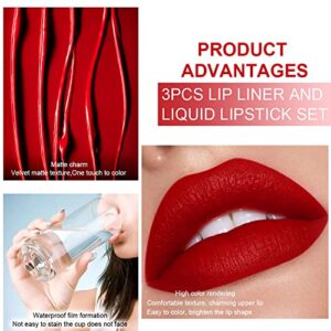 evpct 3Pcs Deep Dark Red Lip Stain Matte Lip Liner and Liquid Lipstick Set Long Lasting Smudge Proof labiales matte larga duracion listip 24 hours matte a prueba de agua mate 24 horas originales