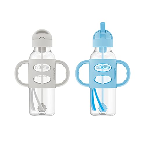 Dr. Brown’s® Milestones™ Narrow Sippy Straw Bottle with 100% Silicone Handles, 8oz/250mL, Gray & Blue, 2 Pack, 6m+