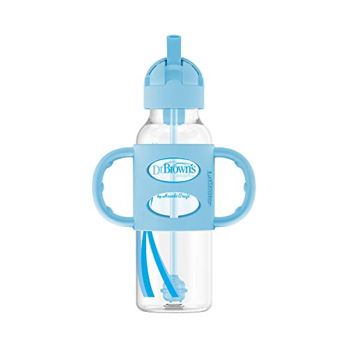 Dr. Brown’s® Milestones™ Narrow Sippy Straw Bottle with 100% Silicone Handles, 8oz/250mL, Gray & Blue, 2 Pack, 6m+