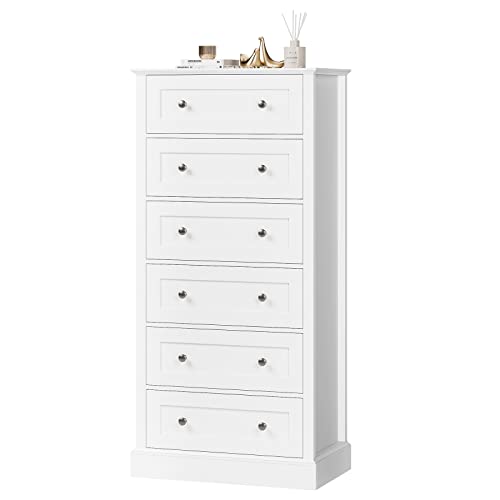 FACBOTALL 6 Drawer Dresser, Tall White Dresser for Bedroom with Mental Double Handles, Chest of Drawers for Clothes Storage Cabinet Hallway Living Room