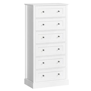 FACBOTALL 6 Drawer Dresser, Tall White Dresser for Bedroom with Mental Double Handles, Chest of Drawers for Clothes Storage Cabinet Hallway Living Room