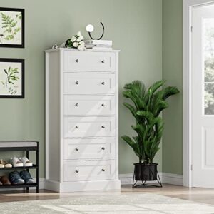 FACBOTALL 6 Drawer Dresser, Tall White Dresser for Bedroom with Mental Double Handles, Chest of Drawers for Clothes Storage Cabinet Hallway Living Room