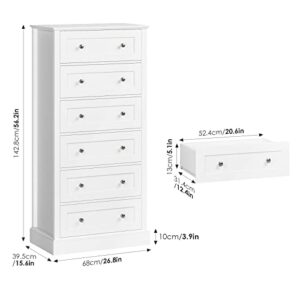 FACBOTALL 6 Drawer Dresser, Tall White Dresser for Bedroom with Mental Double Handles, Chest of Drawers for Clothes Storage Cabinet Hallway Living Room