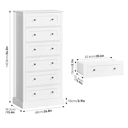 FACBOTALL 6 Drawer Dresser, Tall White Dresser for Bedroom with Mental Double Handles, Chest of Drawers for Clothes Storage Cabinet Hallway Living Room