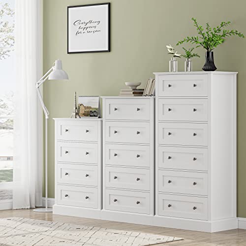 FACBOTALL 6 Drawer Dresser, Tall White Dresser for Bedroom with Mental Double Handles, Chest of Drawers for Clothes Storage Cabinet Hallway Living Room