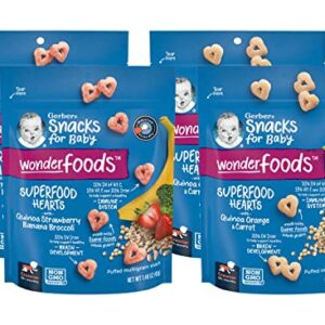 Gerber Snacks for Baby Wonder Foods Superfood Hearts Puffed Multigrain Snack, 2 Flavor Variety Pack, 1.48-Ounce Resealable Pouches (Pack of 4 Pouches)