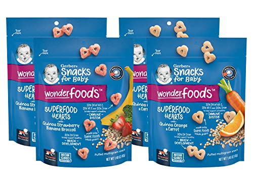 Gerber Snacks for Baby Wonder Foods Superfood Hearts Puffed Multigrain Snack, 2 Flavor Variety Pack, 1.48-Ounce Resealable Pouches (Pack of 4 Pouches)