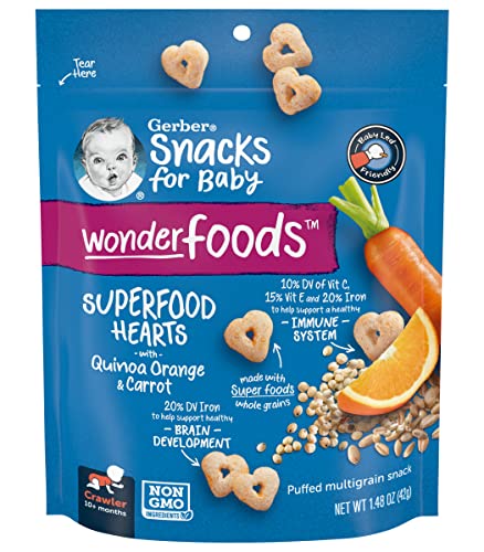 Gerber Snacks for Baby Wonder Foods Superfood Hearts Puffed Multigrain Snack, 2 Flavor Variety Pack, 1.48-Ounce Resealable Pouches (Pack of 4 Pouches)