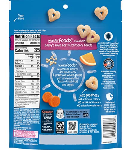 Gerber Snacks for Baby Wonder Foods Superfood Hearts Puffed Multigrain Snack, 2 Flavor Variety Pack, 1.48-Ounce Resealable Pouches (Pack of 4 Pouches)