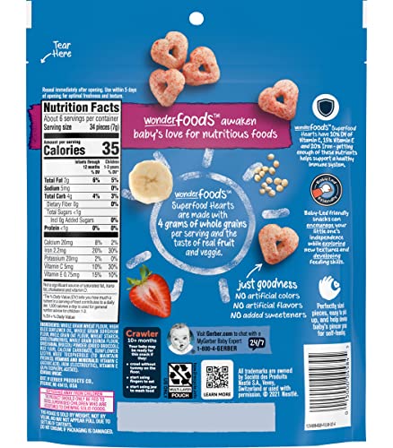 Gerber Snacks for Baby Wonder Foods Superfood Hearts Puffed Multigrain Snack, 2 Flavor Variety Pack, 1.48-Ounce Resealable Pouches (Pack of 4 Pouches)