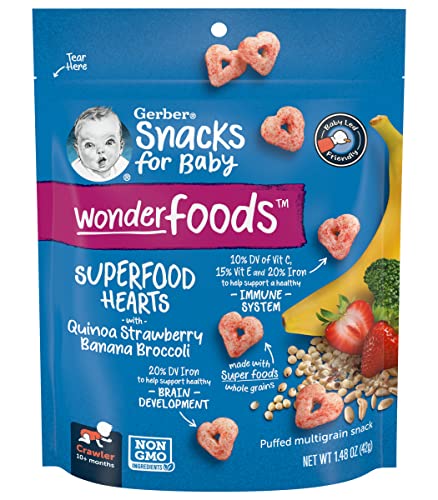 Gerber Snacks for Baby Wonder Foods Superfood Hearts Puffed Multigrain Snack, 2 Flavor Variety Pack, 1.48-Ounce Resealable Pouches (Pack of 4 Pouches)