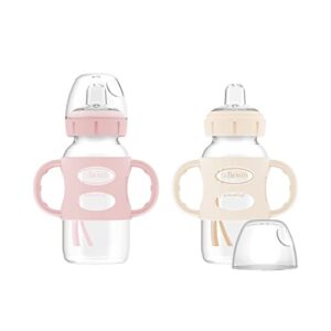 dr. brown’s® milestones™ wide-neck sippy bottle with 100% silicone handles, easy-grip bottle with soft sippy spout, 9oz/270ml, bpa free, light-pink & ecru, 2 pack, 6m+