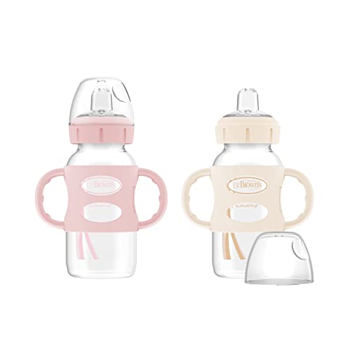 Dr. Brown’s® Milestones™ Wide-Neck Sippy Bottle with 100% Silicone Handles, Easy-Grip Bottle with Soft Sippy Spout, 9oz/270mL, BPA Free, Light-Pink & Ecru, 2 Pack, 6m+