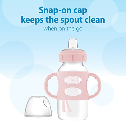 Dr. Brown’s® Milestones™ Wide-Neck Sippy Bottle with 100% Silicone Handles, Easy-Grip Bottle with Soft Sippy Spout, 9oz/270mL, BPA Free, Light-Pink & Ecru, 2 Pack, 6m+