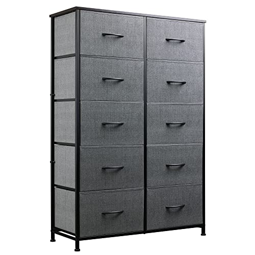 WLIVE 10-Drawer Dresser, Fabric Storage Tower for Bedroom, Hallway, Nursery, Closets, Tall Chest Organizer Unit with Textured Print Fabric Bins, Steel Frame, Wood Top, Easy Pull Handle, Dark Grey