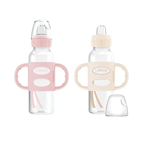 Dr. Brown’s® Milestones™ Narrow Sippy Bottle with 100% Silicone Handles, Easy-Grip Bottle with Soft Sippy Spout, 8oz/250mL, BPA Free, Light-Pink & Ecru, 2 Pack, 6m+