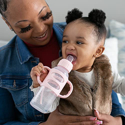 Dr. Brown’s® Milestones™ Narrow Sippy Bottle with 100% Silicone Handles, Easy-Grip Bottle with Soft Sippy Spout, 8oz/250mL, BPA Free, Light-Pink & Ecru, 2 Pack, 6m+