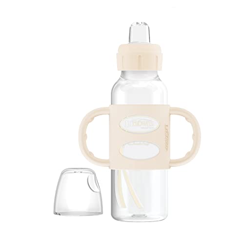 Dr. Brown’s® Milestones™ Narrow Sippy Bottle with 100% Silicone Handles, Easy-Grip Bottle with Soft Sippy Spout, 8oz/250mL, BPA Free, Light-Pink & Ecru, 2 Pack, 6m+