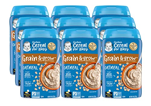 Gerber Cereal for Baby 1st Foods Grain & Grow Oatmeal Cereal, Made with Whole Grains & Essential Nutrients, Non-GMO, For Supported Sitters, 8-Ounce Canister (Pack of 9)