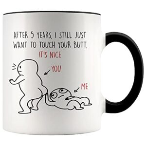 younique designs 5 year anniversary mug, 11 ounces, funny 5th anniversary coffee mug for her and him, fifth year wedding anniversary cup, 5th wedding anniversary mug (black handle)