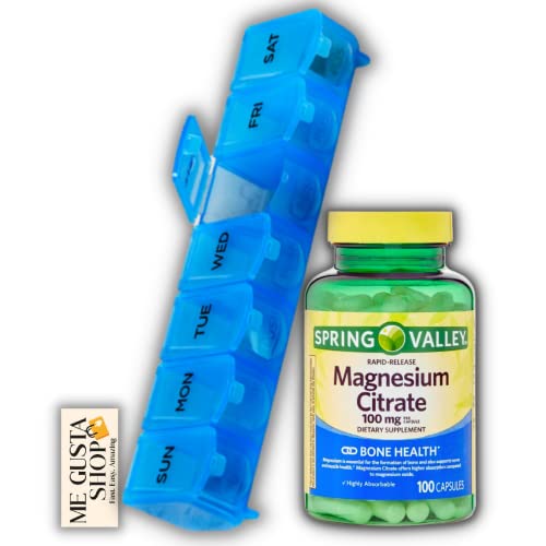 Spring Valley Magnesium Citrate Rapid-Release Dietary Supplement, Highly Absorption for Bone Health 100 Count Includes Asstd Collor Pill Organizer + Me Gustas Sticker (2Itens)