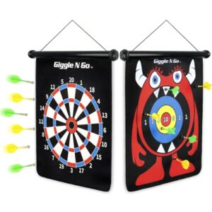 giggle n go dart board for kids & adults – outdoor or indoor game set with 6 magnetic darts and reversible, roll-up dartboard – monster theme﻿