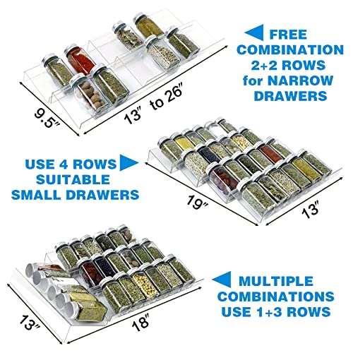 Jadehom Spice Drawer Organizer, 4Tier Clear Acrylic Expandable From 13" to 26" Seasoning Jars Drawer Insert, Kitchen Drawer Spice Rack Tray for Cabinet/Countertop