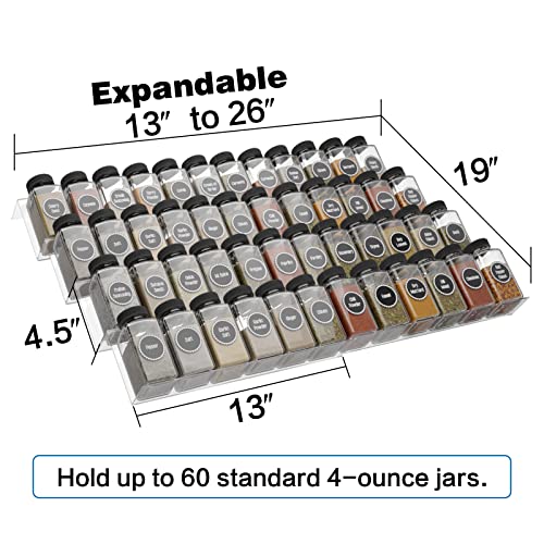 Jadehom Spice Drawer Organizer, 4Tier Clear Acrylic Expandable From 13" to 26" Seasoning Jars Drawer Insert, Kitchen Drawer Spice Rack Tray for Cabinet/Countertop