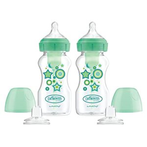 dr. brown’s natural flow® anti-colic options+™ wide-neck sippy bottle starter kit, 9oz/270ml, with level 3 medium-fast flow nipple and 100% silicone soft sippy spout, 2 pack, green, 6m+