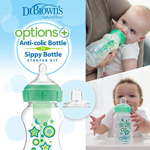 Dr. Brown’s Natural Flow® Anti-Colic Options+™ Wide-Neck Sippy Bottle Starter Kit, 9oz/270mL, with Level 3 Medium-Fast Flow Nipple and 100% Silicone Soft Sippy Spout, 2 Pack, Green, 6m+