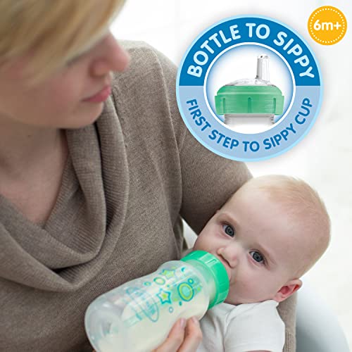 Dr. Brown’s Natural Flow® Anti-Colic Options+™ Wide-Neck Sippy Bottle Starter Kit, 9oz/270mL, with Level 3 Medium-Fast Flow Nipple and 100% Silicone Soft Sippy Spout, 2 Pack, Green, 6m+