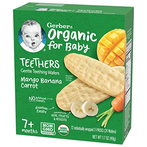 Gerber Organic for Baby Teethers, Mango Banana Carrot, Gentle Teething Wafers, Made with Non-GMO Ingredients, 12 Individually Wrapped 2 Packs Per Box (Pack of 2 Boxes)