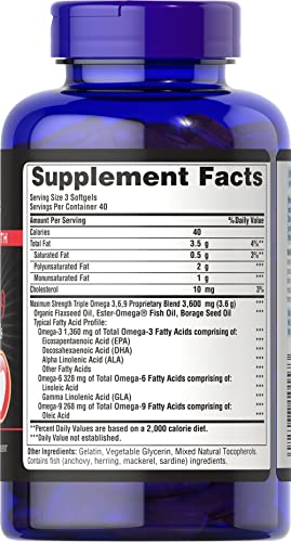 Puritans Pride Triple Omega 3-6-9 Fish, Flax & Borage Oils, 120 Count