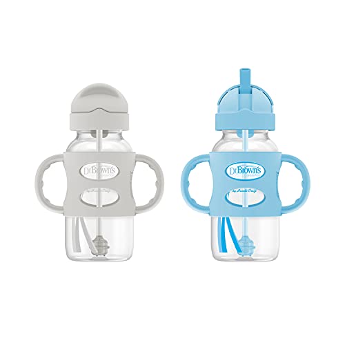 Dr. Brown’s® Milestones™ Wide-Neck Sippy Straw Bottle with 100% Silicone Handles, 9oz/270mL, Gray & Blue, 2 Pack, 6m+