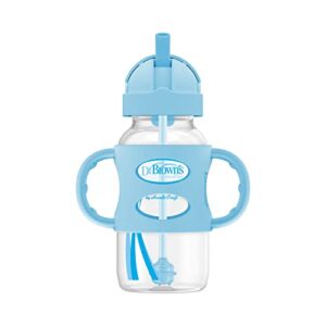 Dr. Brown’s® Milestones™ Wide-Neck Sippy Straw Bottle with 100% Silicone Handles, 9oz/270mL, Gray & Blue, 2 Pack, 6m+