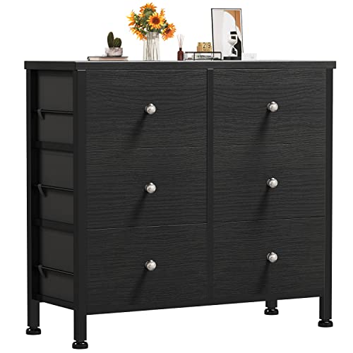 BOLUO Black Dresser for Bedroom 6 Drawer Dressers & Chests of Drawers Small Fabric Dresser Storage for Closet Modern