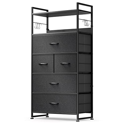 Lulive Dresser for Bedroom with 5 Drawers, Dressers & Chests of Drawers for Entryway, Storage Organizer Unit with Cationic Fabric, Sturdy Metal Frame, Wood Tabletop, Easy Pull Handle (Dark Grey)