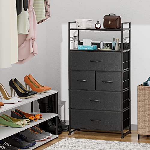 Lulive Dresser for Bedroom with 5 Drawers, Dressers & Chests of Drawers for Entryway, Storage Organizer Unit with Cationic Fabric, Sturdy Metal Frame, Wood Tabletop, Easy Pull Handle (Dark Grey)