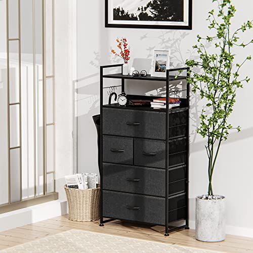 Lulive Dresser for Bedroom with 5 Drawers, Dressers & Chests of Drawers for Entryway, Storage Organizer Unit with Cationic Fabric, Sturdy Metal Frame, Wood Tabletop, Easy Pull Handle (Dark Grey)