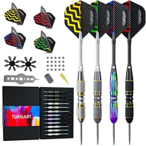 turnart darts metal tip set – 12 pcs 24 grams professional steel tip darts with stylish case + aluminum shafts + rubber o’rings + extra flights + dart sharpener (2023 new)