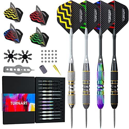 Turnart Darts Metal Tip Set - 12 pcs 24 Grams Professional Steel Tip Darts with Stylish Case + Aluminum Shafts + Rubber O'Rings + Extra Flights + Dart Sharpener (2023 New)