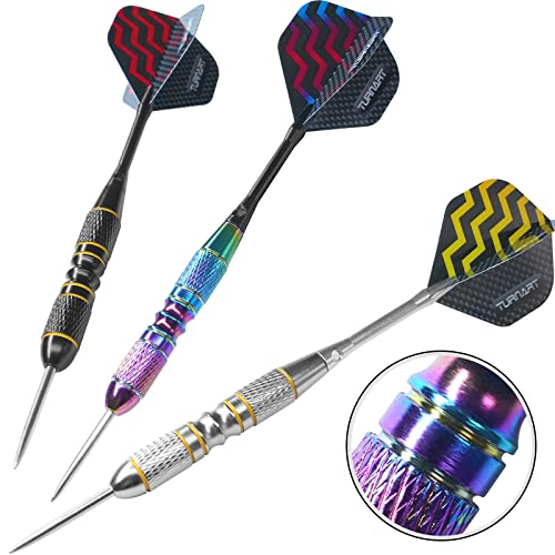 Turnart Darts Metal Tip Set - 12 pcs 24 Grams Professional Steel Tip Darts with Stylish Case + Aluminum Shafts + Rubber O'Rings + Extra Flights + Dart Sharpener (2023 New)