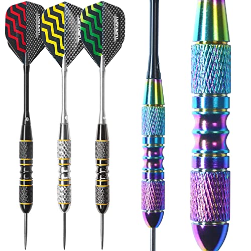 Turnart Darts Metal Tip Set - 12 pcs 24 Grams Professional Steel Tip Darts with Stylish Case + Aluminum Shafts + Rubber O'Rings + Extra Flights + Dart Sharpener (2023 New)