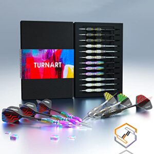 Turnart Darts Metal Tip Set - 12 pcs 24 Grams Professional Steel Tip Darts with Stylish Case + Aluminum Shafts + Rubber O'Rings + Extra Flights + Dart Sharpener (2023 New)