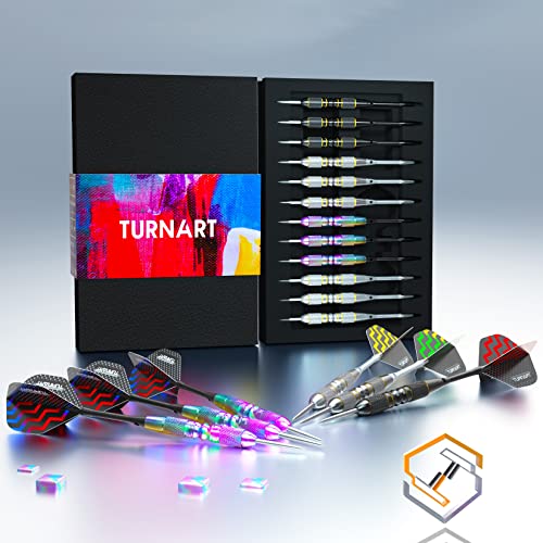 Turnart Darts Metal Tip Set - 12 pcs 24 Grams Professional Steel Tip Darts with Stylish Case + Aluminum Shafts + Rubber O'Rings + Extra Flights + Dart Sharpener (2023 New)